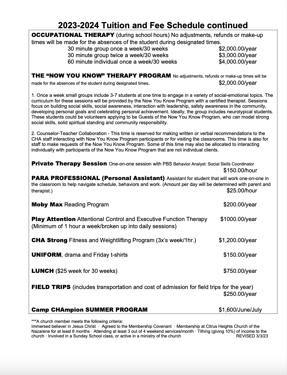 Fee Schedule – Citrus Heights Church of the Nazarene